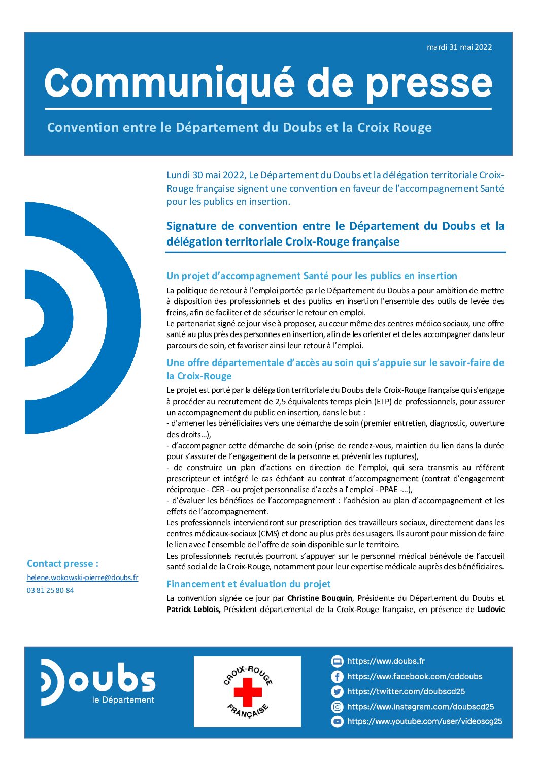 CP signature de convention entre le Département du Doubs et la Croix ...