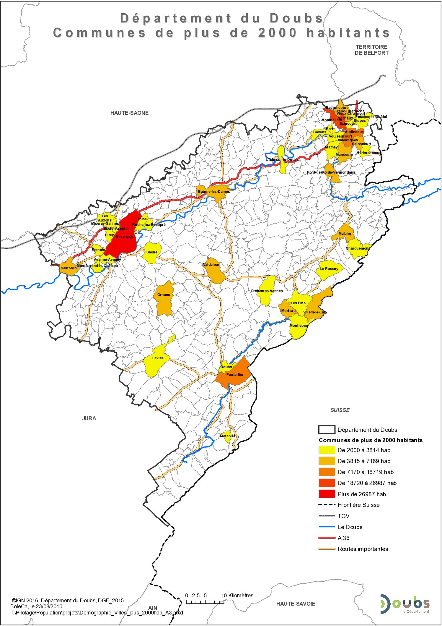 Communes de plus de 2000 habitants – Département du Doubs