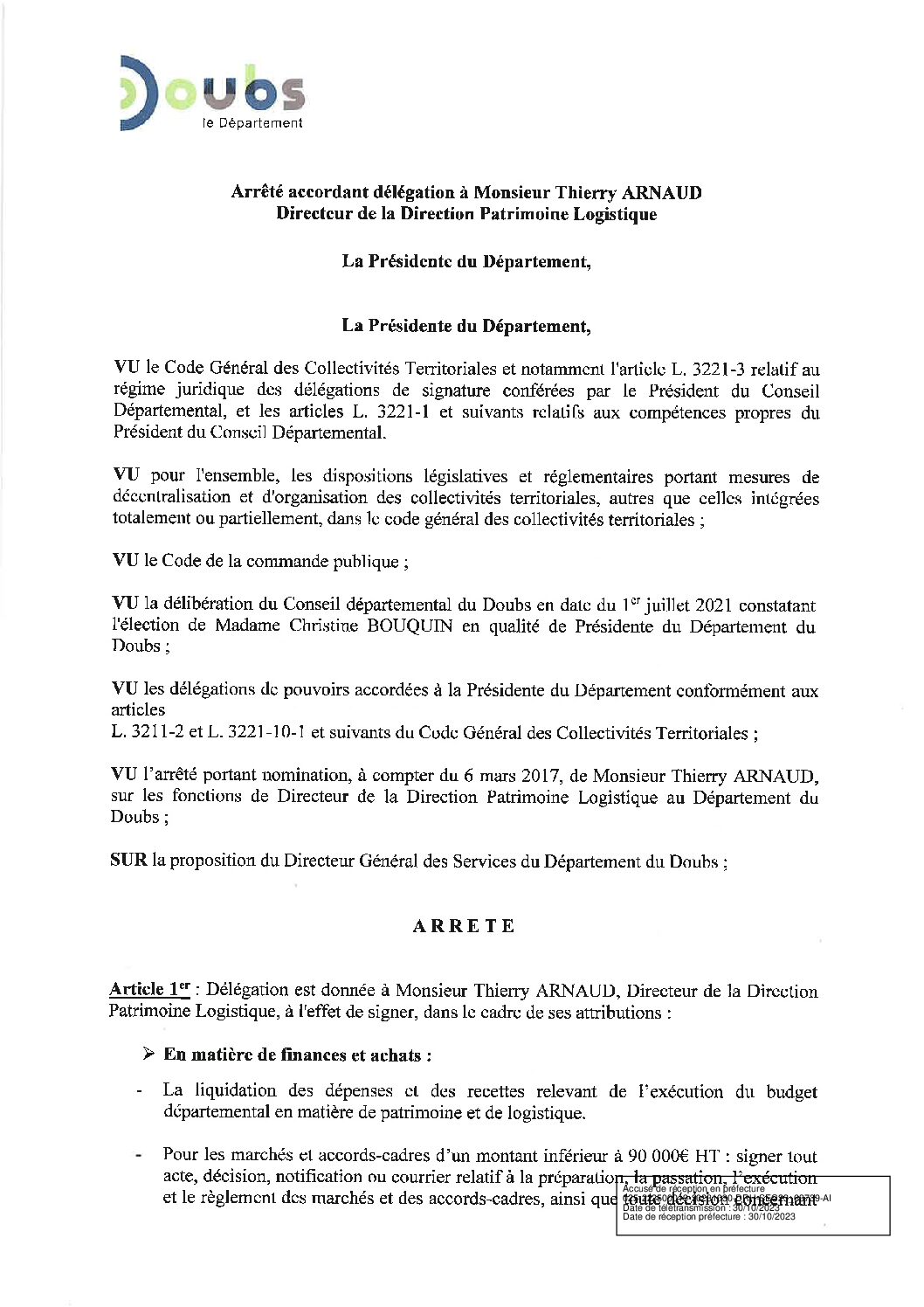 DRH SEC Délégation signature ARNAUD Thierry Directeur DPL – Département ...