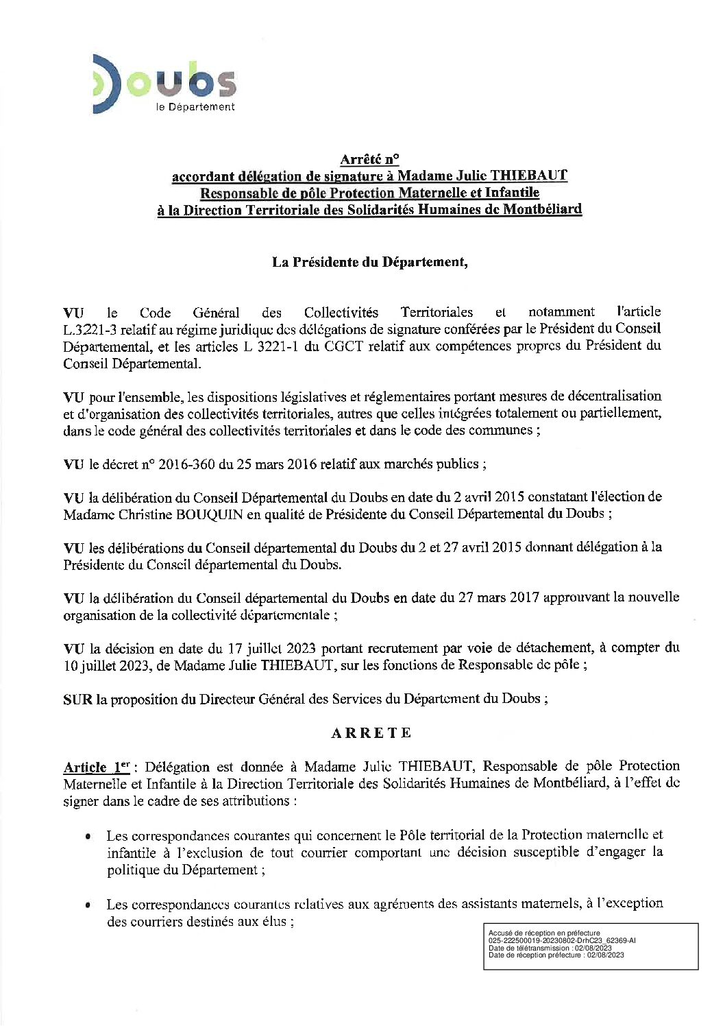 DRH Arrêté Délégation signature THIEBAUD Julie – Département du Doubs