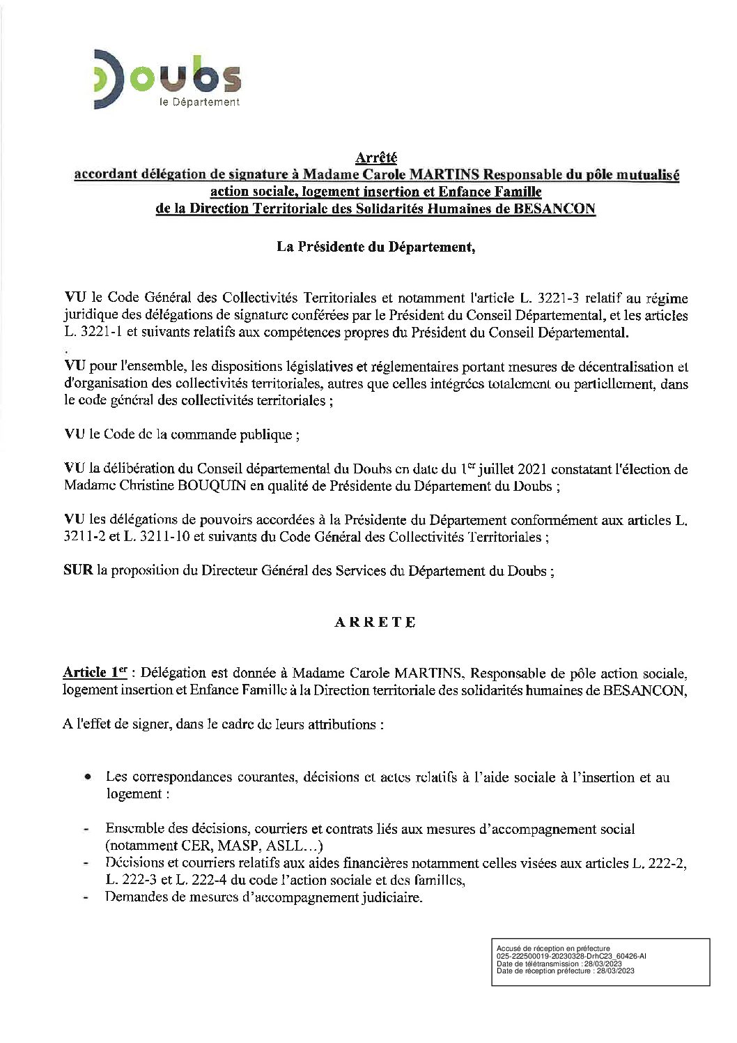 DRH Arrêté Délégation signature MARTINS Carole - Département du Doubs