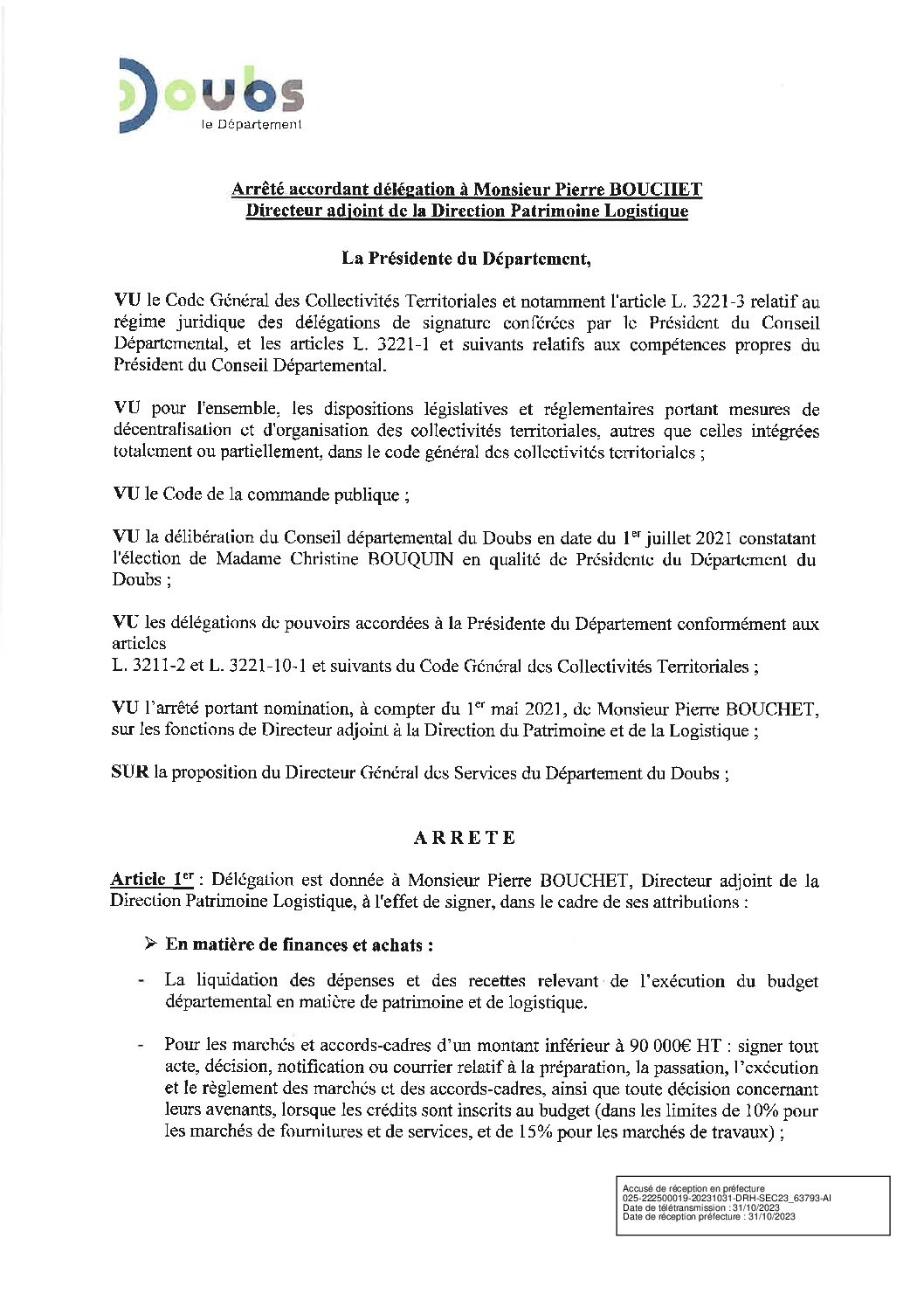 DRH SEC Délégation signature BOUCHET Pierre Dir adjt DPL – Département ...