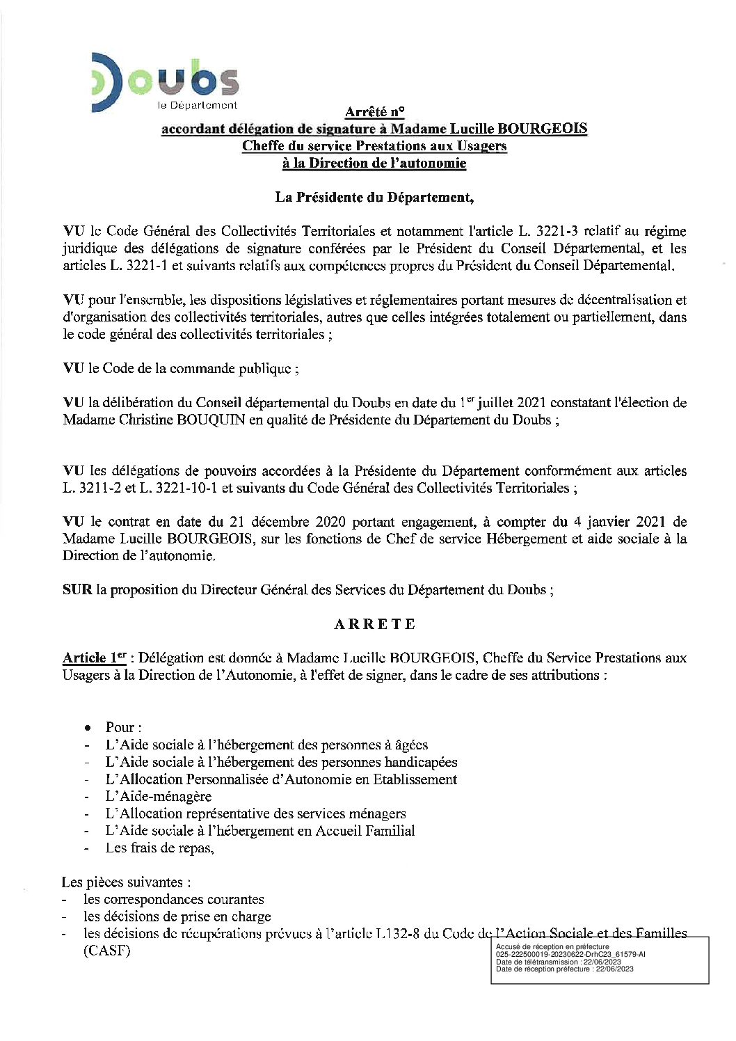 DRH Arrêté Délégation signature BOURGEOIS Lucille – Département du Doubs