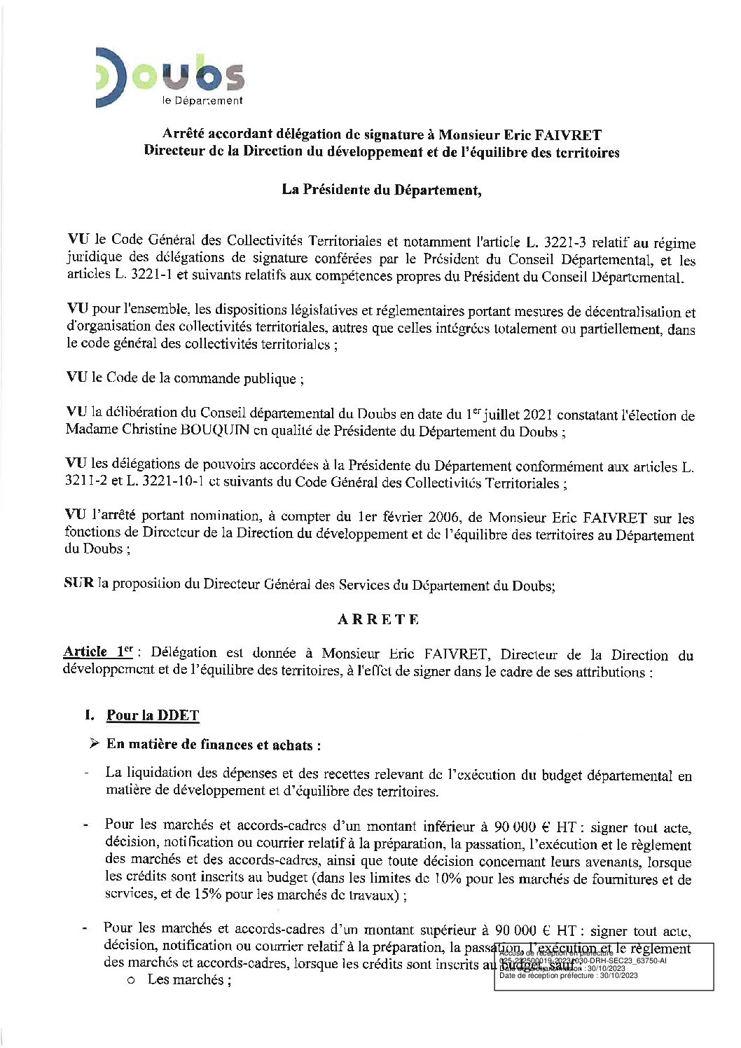 DRH SEC Délégation signature FAIVRET Eric Directeur DDET – Département ...