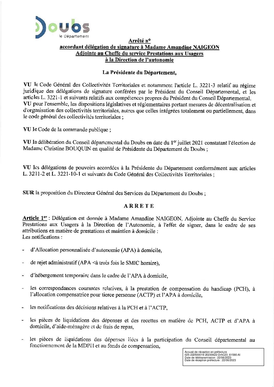 DRH Arrêté Délégation signature NAIGEON Amandine – Département du Doubs