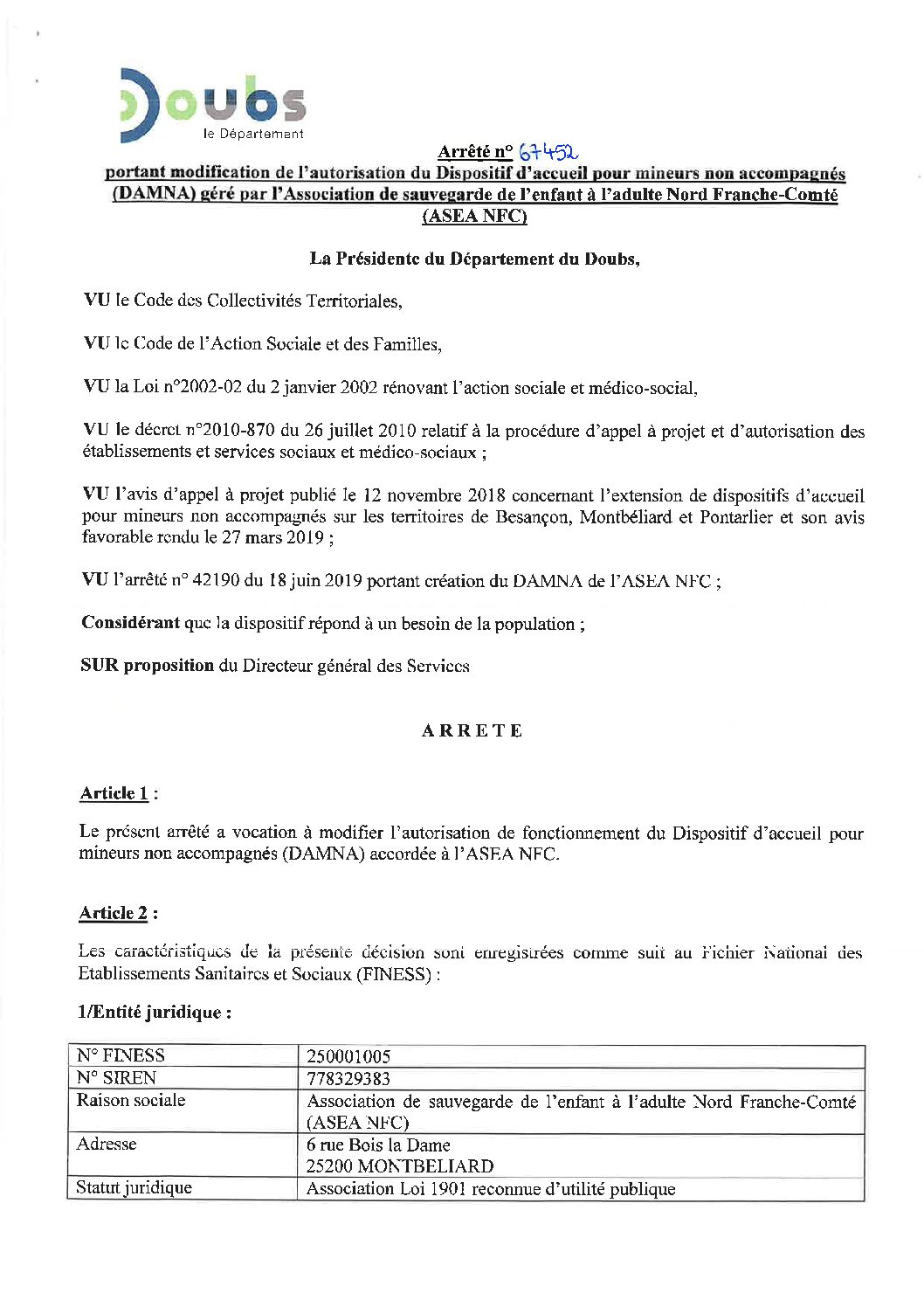 Arrêté modificatif autorisation du DAMNA de l’ASEA NFC – Département du ...