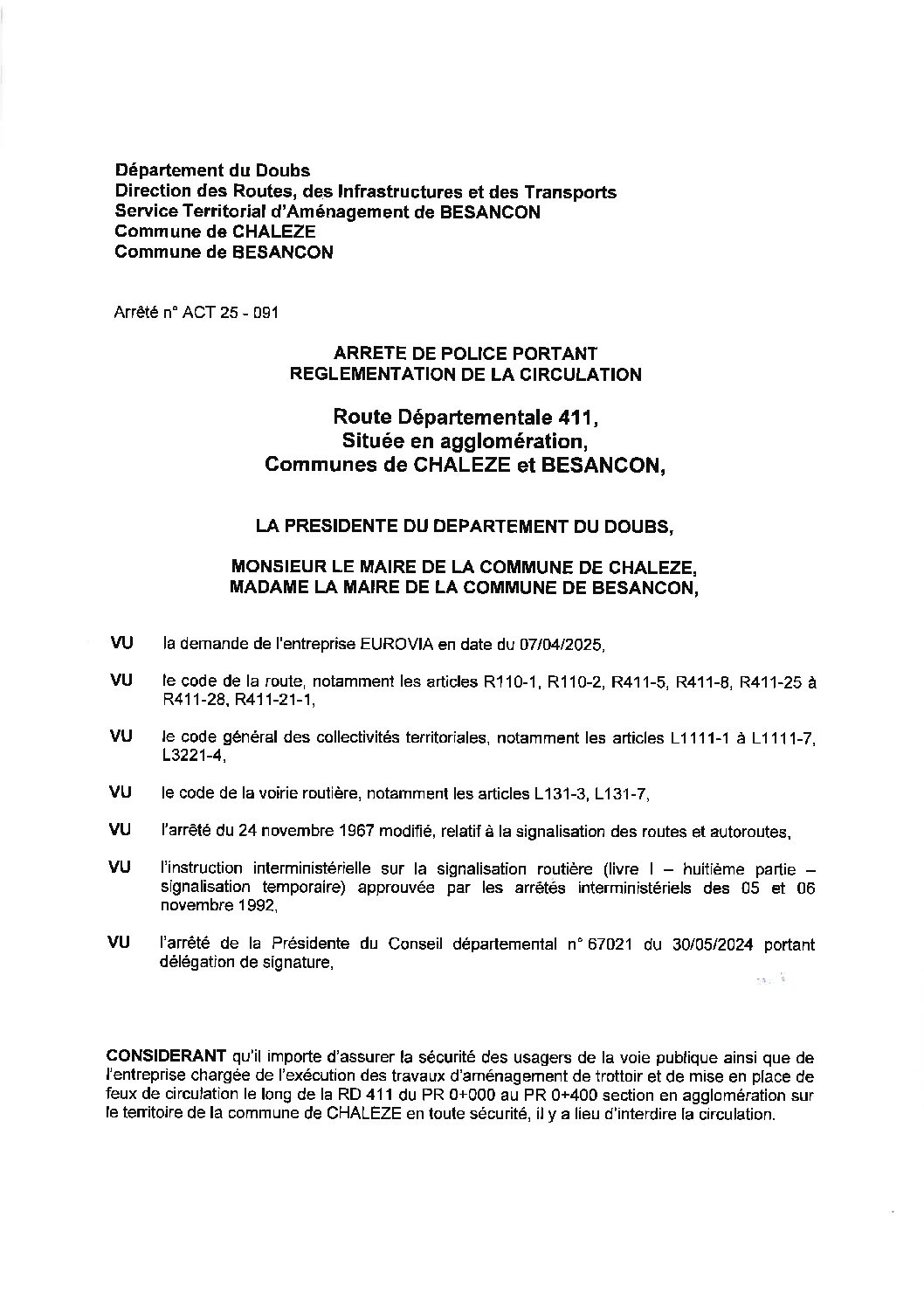 RD 411 CHALÈZE et BESANÇON, travaux d’aménagement de trottoir et mise ...