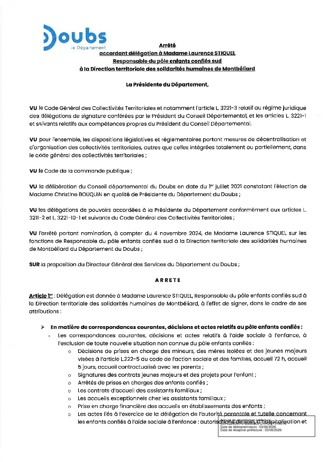 Délégation de signature de Mme Laurence STIQUEL – Département du Doubs